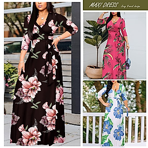 AOMONI Women's Maxi Floral Print Casual 3/4 Sleeve V-Neck Wrap Tie Waist Long Dress Pink Large
