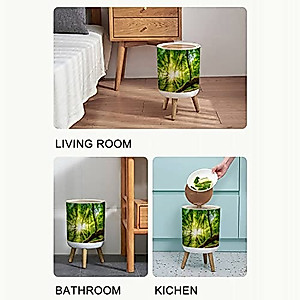 Small Trash Can with Lid Green Forest by Sun Garbage Bin Wood Waste Bin Press Cover Round Wastebasket for Bathroom Bedroom Diaper Office Kitchen