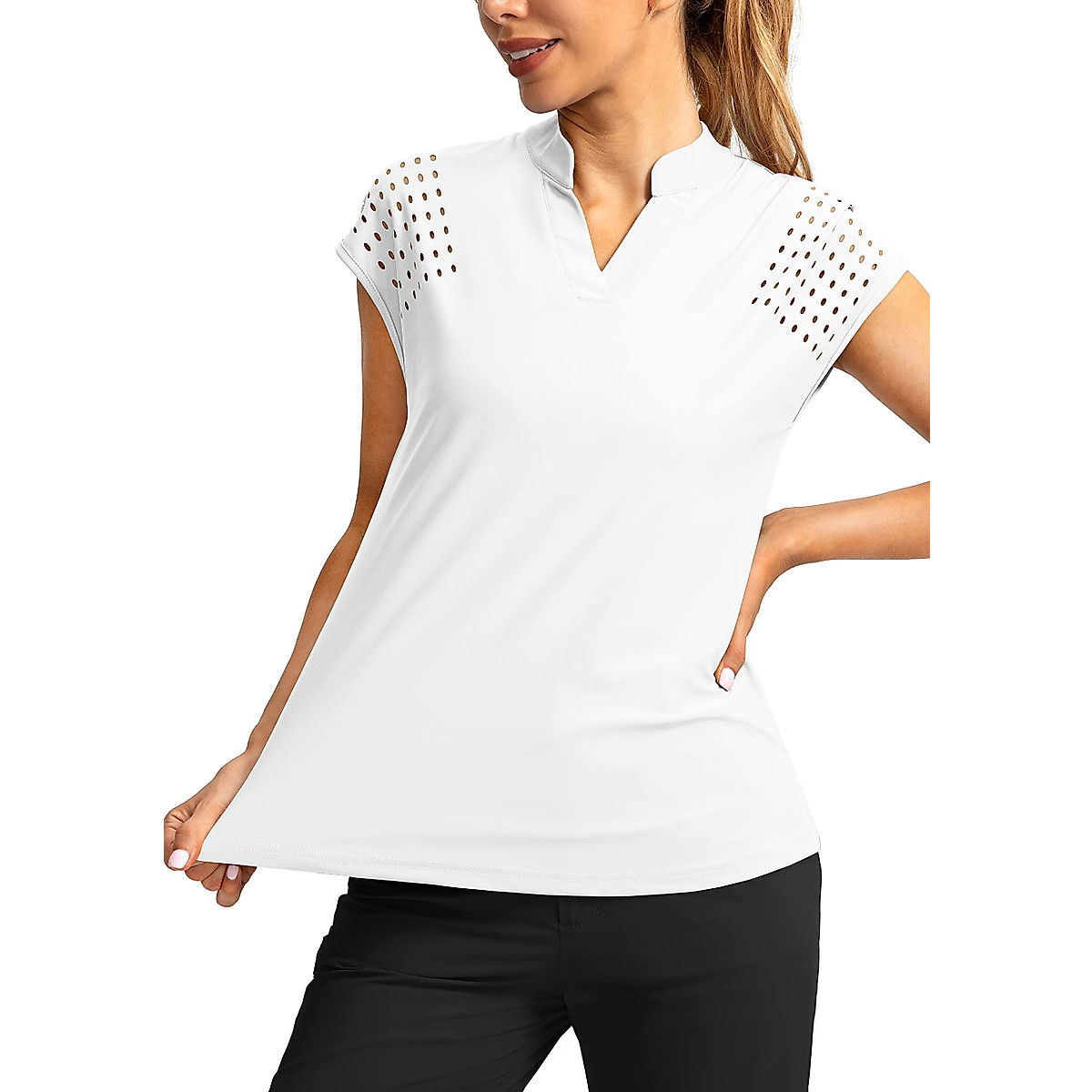 Soothfeel Women's Golf Shirt Cap Sleeve V Neck Polo Shirts Lightweight Quick Dry Workout Tennis Shirts Tops for Women(White, L)