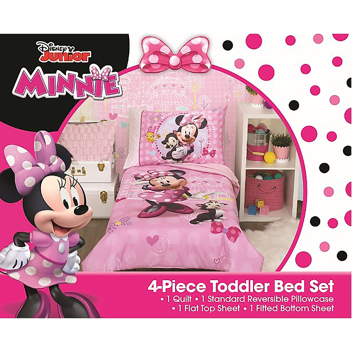 Disney Minnie Mouse Helping Friends 4 Piece Toddler Bedding set - Fitted Sheet, Pillow Case, Top Sheet, and Comforter Quilt - Pink