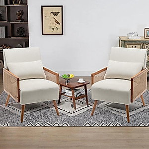 Mid Century Rattan Accent Chair Set of 2, Wooden Upholstered Leisure Armchair with Rattan Armrest, Modern Comfy Reading Accent Chair, for Living Room Bedroom Lounge Side Boho Club Chair, Beige