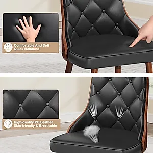 Aowos Dining Chairs Set of 4, Mid Century Modern PU Leather Upholstered Kitchen Chairs with Walnut Back and Iron Legs, Comfortable Seating for Kitchen, Dining Room, Bar Counter, Living Room (Black)