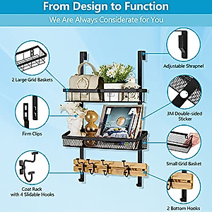 ETECHMART Over The Door Hooks Organizer, Door Hanger with 3 Mesh Baskets & Bamboo Coat Rack, Heavy Duty Towel Rack for Bathroom Kitchen Hanging Clothes Hats, Heavy Duty Back of Door Storage, Bamboo
