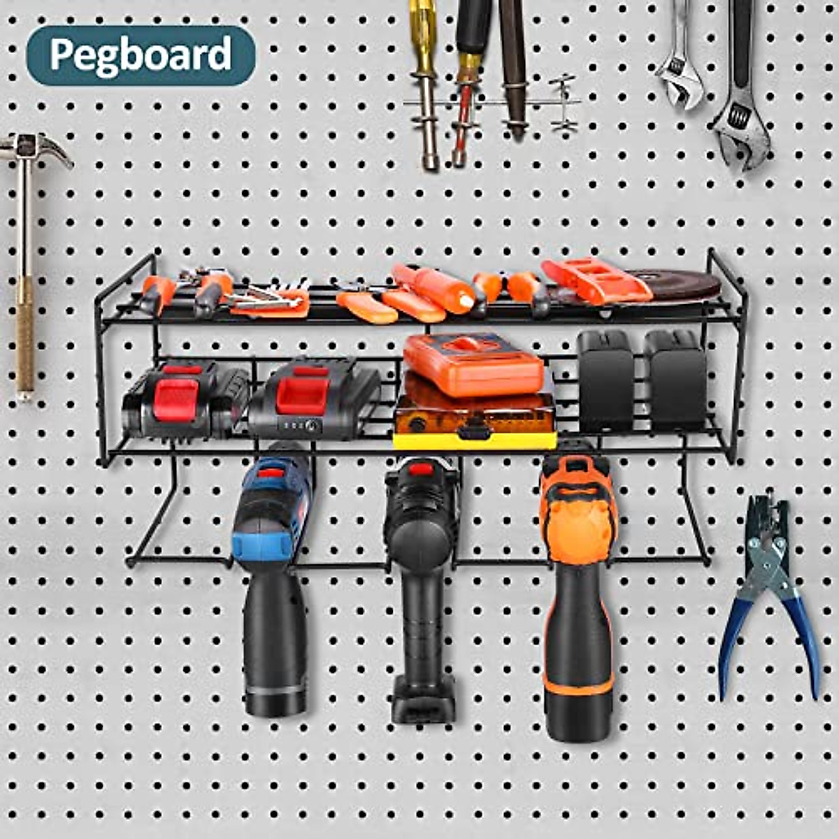 Soldow Power Tool Organizer Drill Storage Rack, Heavy Duty Floating Tool Shelf Wall Mounted, Cordless Drill Holder Hanging Steel Rack for Tools Storage Garage, Pegboard, Plank, Cement Wall