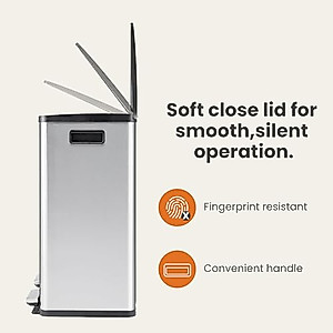 Homee 16 Gallon Trash Can Soft-Close Lid, Recycling Kitchen Trash Can with Foot Pedal and Removable Inner Bucket, 60 Liter Stainless Steel Waste Bin