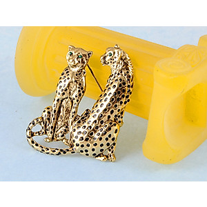 Alilang Golden Tone Tuquoise Blue Eyed Spotted Leopard Family Twin Lover Brooch Pin, Gold