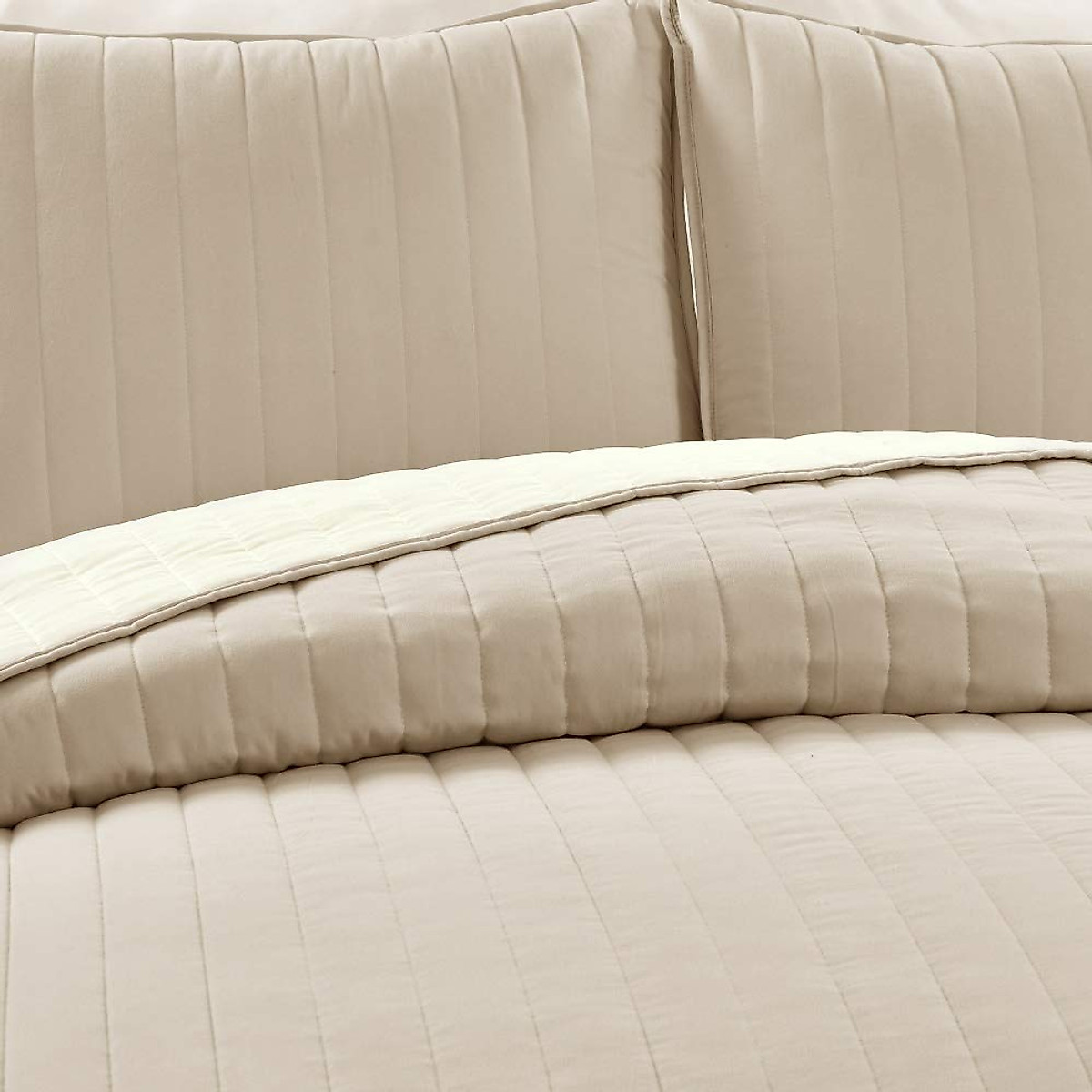 Lush Decor Soft Stripe All Season 3 Piece Quilt/Coverlet Set, Neutral & Ivory, Full Queen