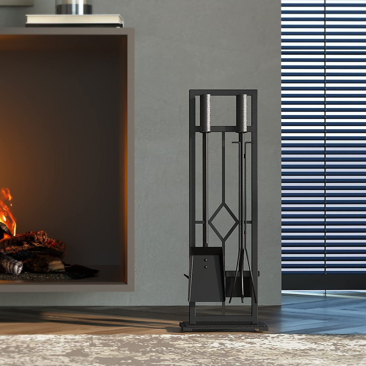 Fire Beauty 5 Pieces Fireplace Tools Set Wrought Iron Fire Place Pit Poker Holder(Black)