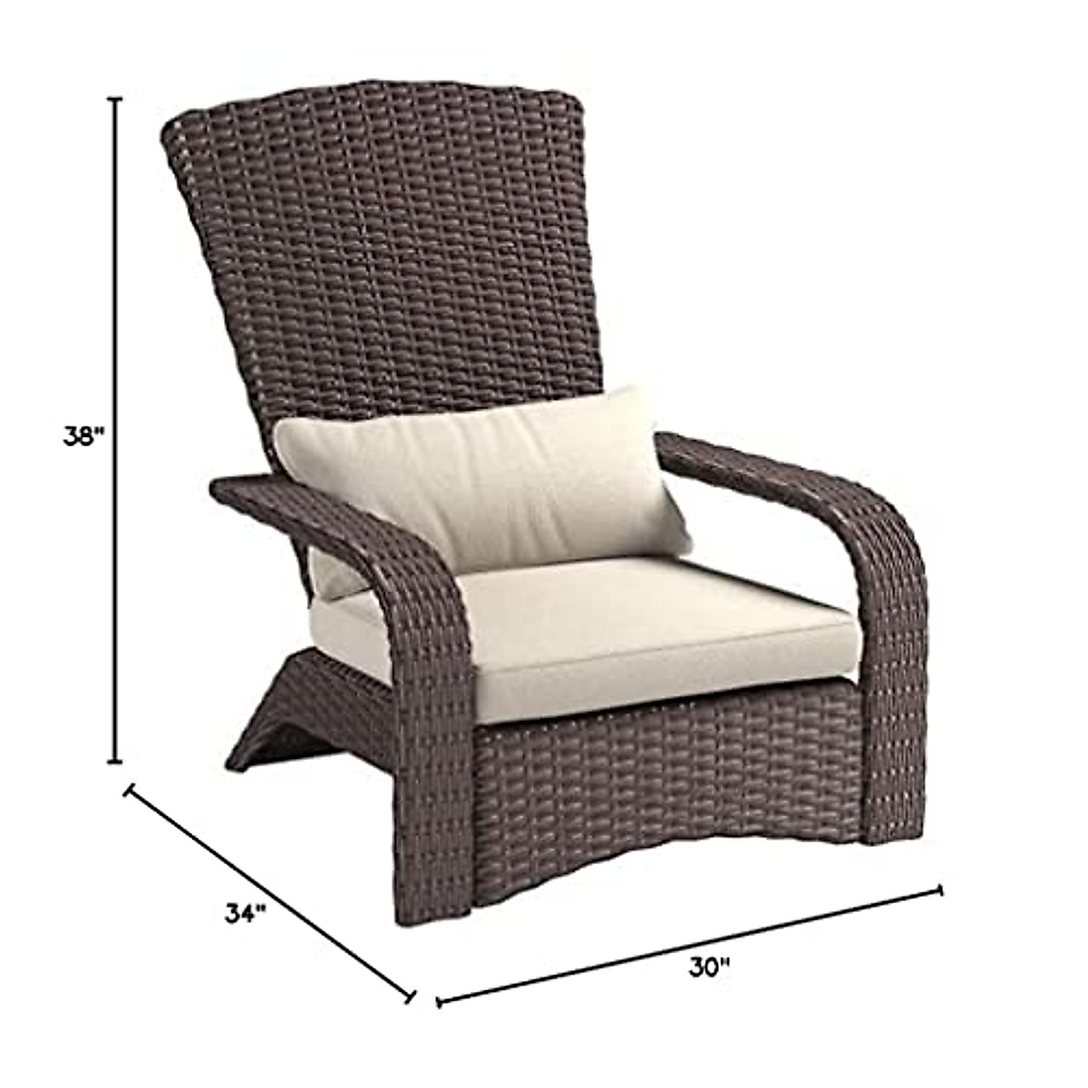 Patio Sense 62172 Deluxe Coconino Wicker Lounge Chair All Weather Wicker Armchair Lightweight Durable Adirondack Style Includes 3" Thick Beige Cushion & Lumbar Pillow - Mocha Finish