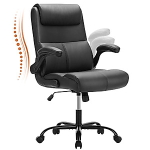 Sweetcrispy Ergonomic Executive Office Chair: Mid Back Desk Chair with Wheels Computer Chair with Lumbar Support Height Adjustable PU Leather Office Chair Flip up Arms, Black