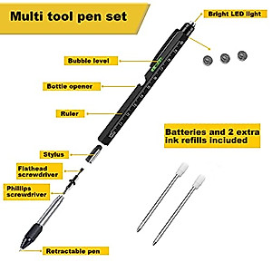 YouOKLight Multi tool pen set,gift tool pen,multitool pen for men,9 in 1 pen multitool,ruler(Metric,Imperial),screwdriver(flat,cross),bottle opener,level gauge,stylus,LED flashlight,ball point pen.