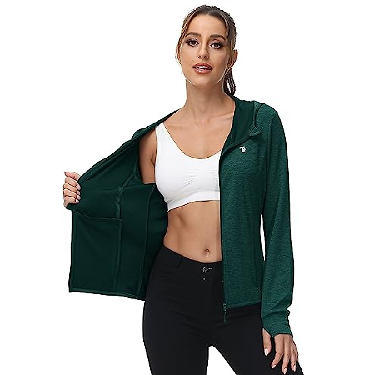 BASUDAM Women's Hiking Shirts Lightweight UPF 50+ Sun Protection Open Zippered Outdoor Hoodie Jackets Blackish Green S