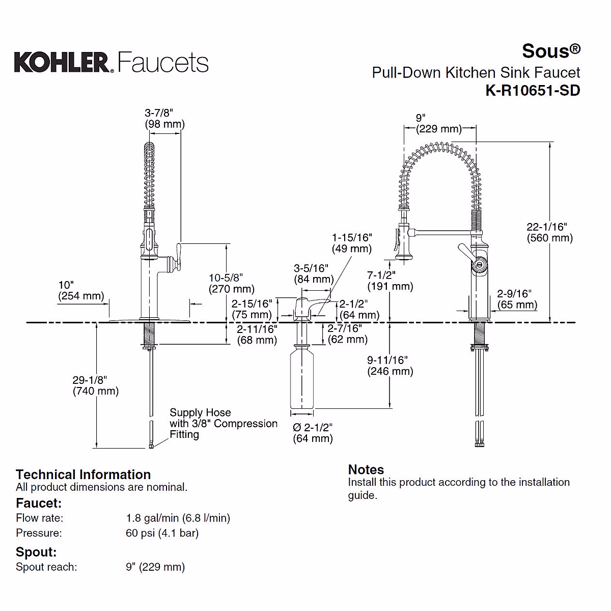 Kohler K-R10651-SD-VS Sous Kitchen Sink Faucet, Vibrant Stainless