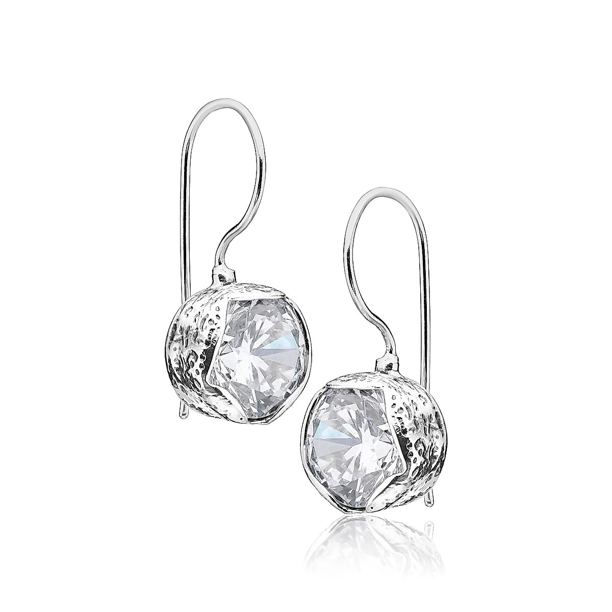 925 Sterling Silver Earrings With 2 White Round Cubic Zirconia, 10MM Bezel, Impressive Bling Effect Hypoallergenic, Nickel and Lead-free, Artisan Handcrafted Designer, French Wire Back, Made In Israel