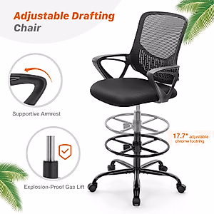 AFO Mid-Back Mesh Tall Drafting Stool Office Chairs with Armrest for Standing Desk Adjustable Foot Ring, Black