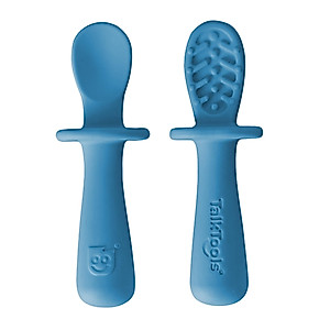 TalkTools Itsy Tiny Silicone Spoons – Twin Pack Soft Silicone Self-Feeding Training Spoons for Kids & Toddlers, Anti-Choking Flange Guard and Non-Slip Handle (Ocean)
