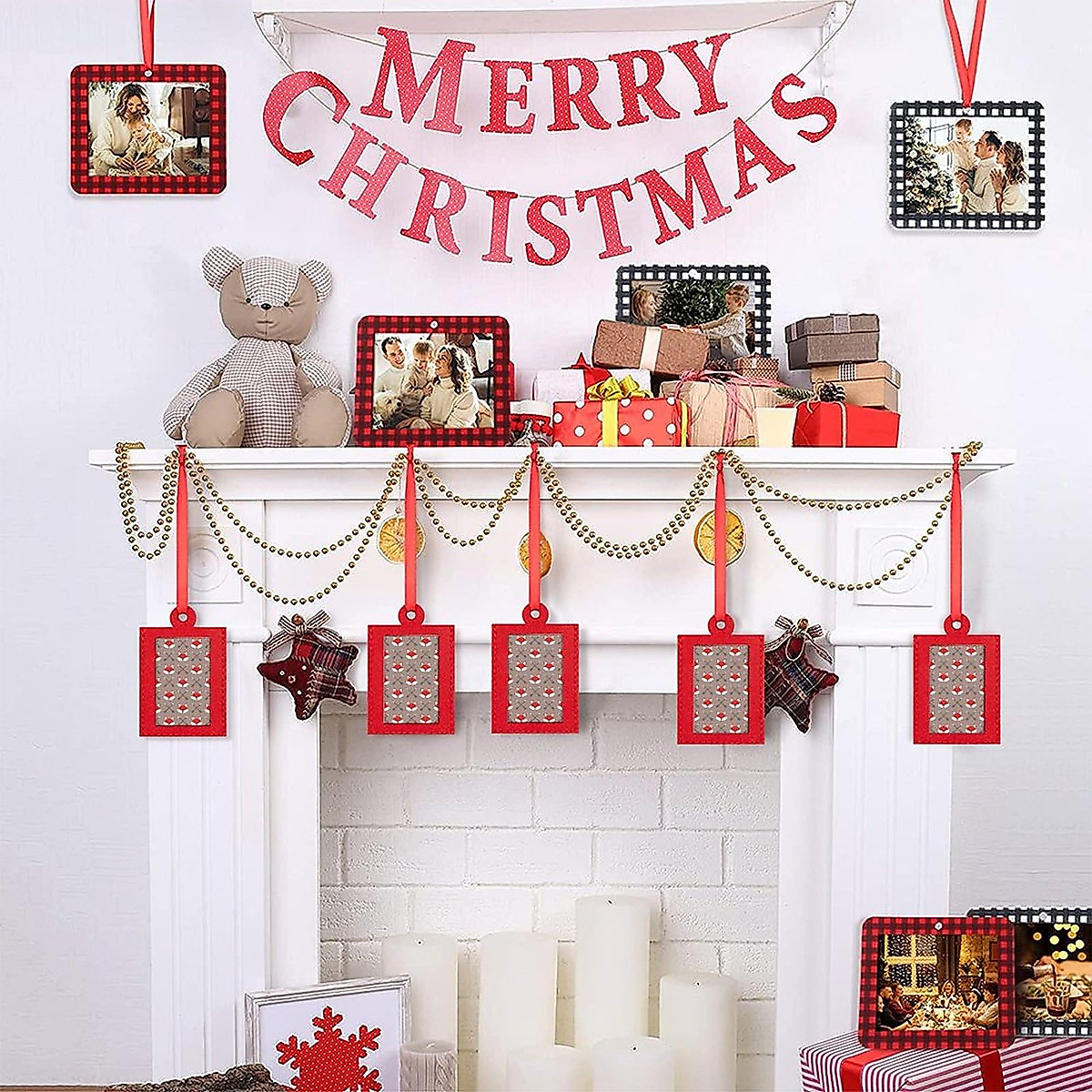 Cute Cartoon Foxes Christmas Photo Ornament Frame Red Picture Frame for Xmas Tree Hanging Decoration