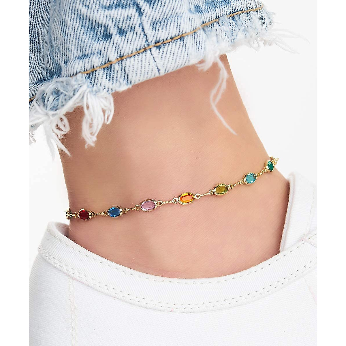 Barzel 18K Gold Plated Multi Color Crystal Baguette Anklet (Multicolor Dark Oval)