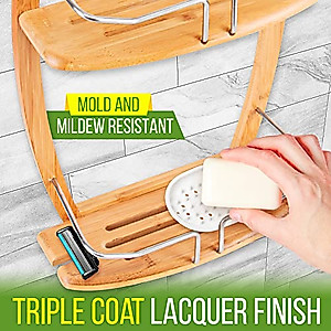 SereneLife Bamboo Hanging Shower Caddy - 2 Tier Wood Rustproof Waterproof and Natural Bamboo Bathroom Wall Organizer with Stainless Steel Shelf Rack for Shampoo, Conditioner and Soap Storage