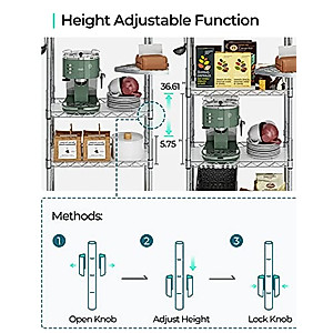 LINSY HOME 5-Tier Storage Shelves with 2 Rotatable Shelves, Height Adjustable Metal Pantry Shelves with 5 Hooks and Shelf Liners, Heavy Duty Metal Shelving, Wire Shelving for Kitchen, Bathroom -Sliver