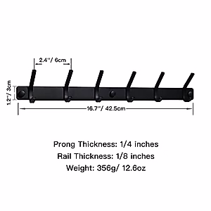 Coat Rack Wall Mounted with 6 Dual Hooks Rail for Hanging Clothes Hats Bags Keys at Entryway Towel Head Wraps Robes at Mudroom Mugs at Kitchen Room Organization (Black)