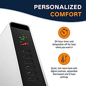 DeLonghi Convection Panel Heater, Full Room Quiet 1500W, portable electric heater is freestanding/easily wall mounted. Energy Saving, quick heat distribution, timer, white, HCX9115E