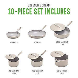 GreenLife Dream 10-Piece Ceramic Nonstick Cookware Set, Pots Frying & Sauce Pans, PFAS-Free & PFOA-Free, Dishwasher & Oven Safe, Stay-Cool Handles, Durable Aluminum Body, Versatile Cooking, Taupe