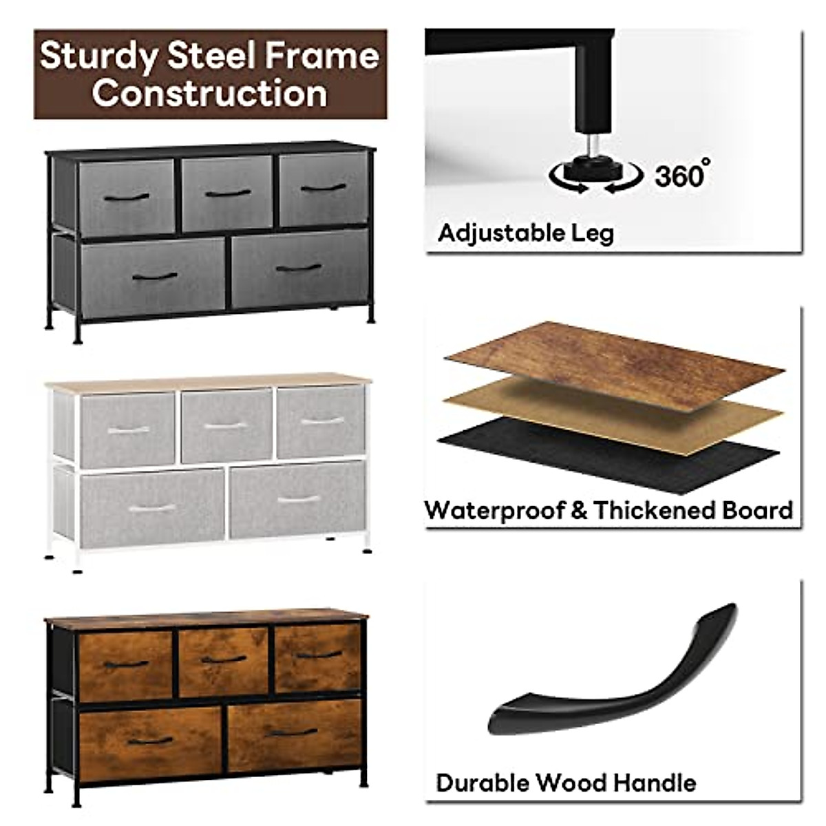 Maxtown 5 Drawer Dresser, Bedroom TV Stand with Storage Cabinet, Fabric Dresser with Steel Frame Wood Top, Kids Room, Hallway, Entrance, Living Room and Dorm Furniture Brown