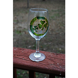 Lucky Green Shamrocks Hand Painted Stemmed Wine Glasses Set of 2