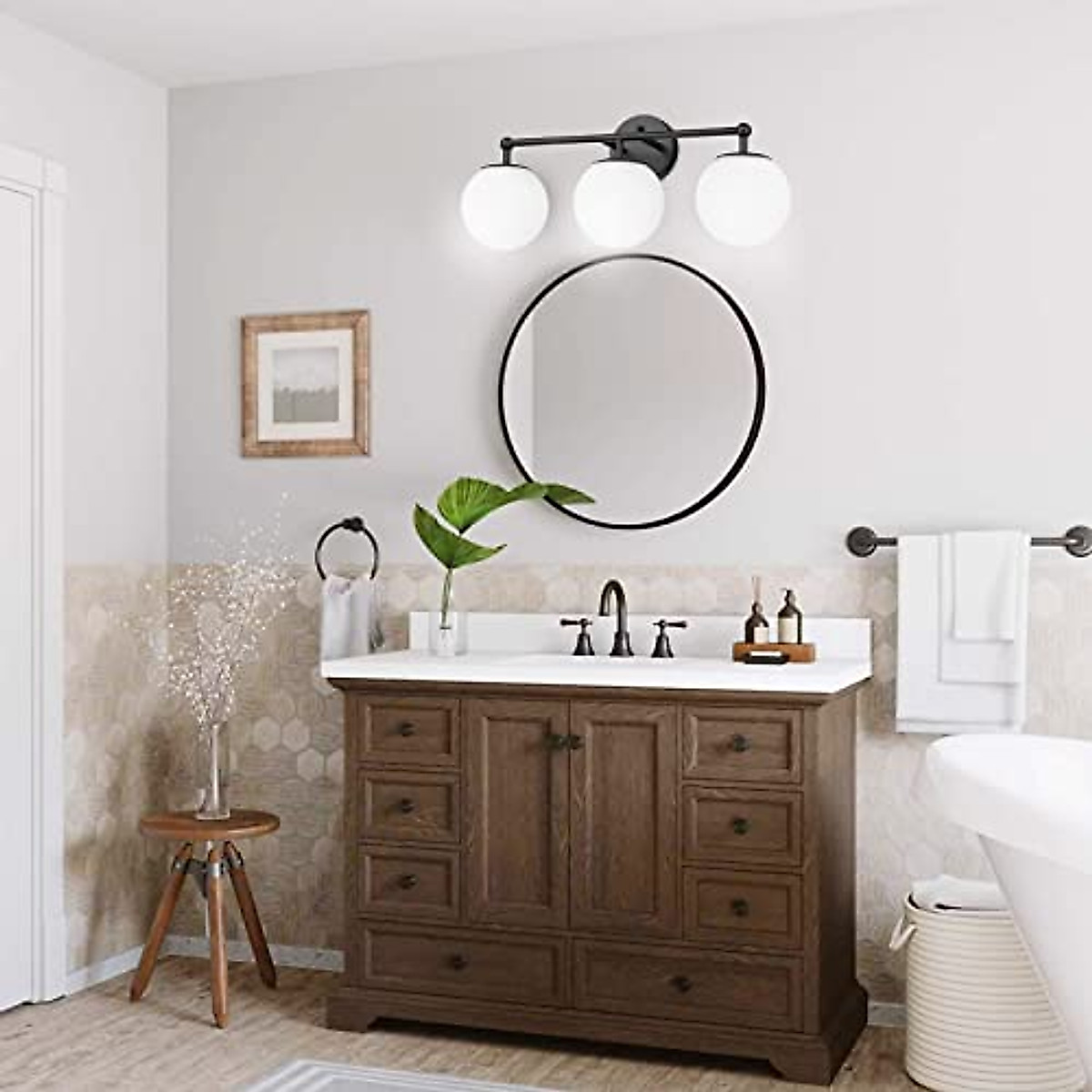 OUVR 3-Light Black Bathroom Light Fitures Mid Century Modern Vanity Light Black Milky Glass Ball Wall Light for Bathroom(Matte Black, 3-Light)
