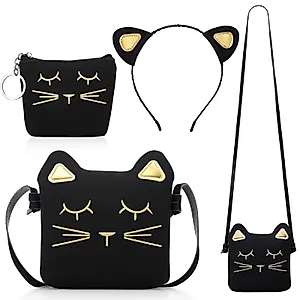 Weewooday 3 Pcs Cat Shoulder Bag Set, Christmas Cute Crossbody Bag Gift Hand Bags with Mini Coin Purse Cat Headband Gifts for Girls (Black)