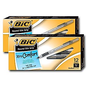 Bic Ultra Round Stic Grip Ball Point Pens, Medium Point, 1.2 mm, Black Ink (24 Pens)