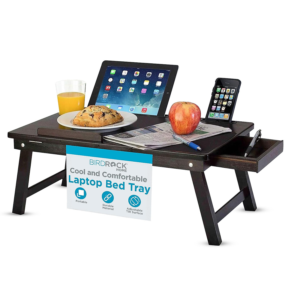 BIRDROCK HOME Laptop Bed Tray with Storage Drawer and Tilt Surface | Folding Legs and Mouse Pad | Fits Laptops Up to 15" | Slot for Tablets Up to 9.6" | Smart Phones Up to 4" | Espresso