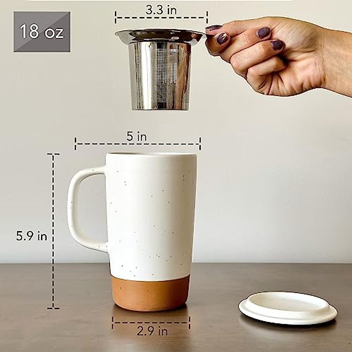 Mora Ceramics Large Tea Mug with Loose Leaf Infuser and Ceramic Lid, 18 oz, Portable, Microwave and Dishwasher Safe, Tall Coffee Cup - Rustic Matte Ceramic Glaze, Modern Herbal Tea Strainer, Cotton