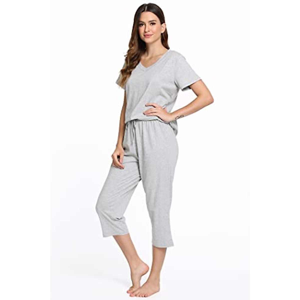 Latuza Women's Cotton Pajamas Set Tops and Capri Pants Sleepwear XL Light Gray