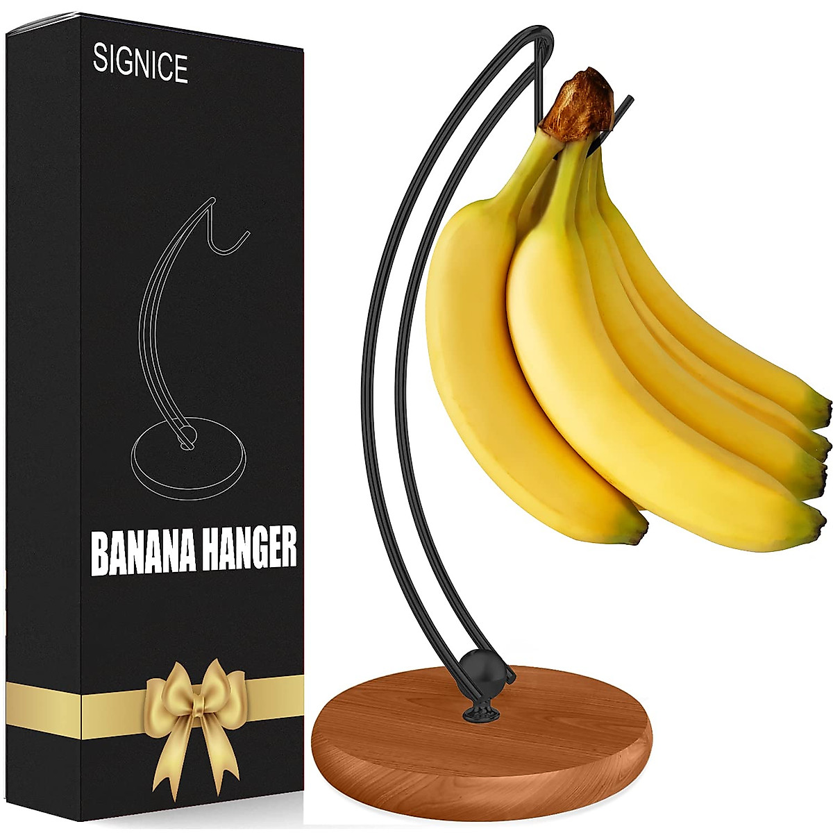 Signice Banana Holder Stand - Newest Patented Modern Banana Tree Hanger with Wood Base Stainless Steel Banana Rack for Home Kitchen Use,Doesn't Tip Over (New Black)