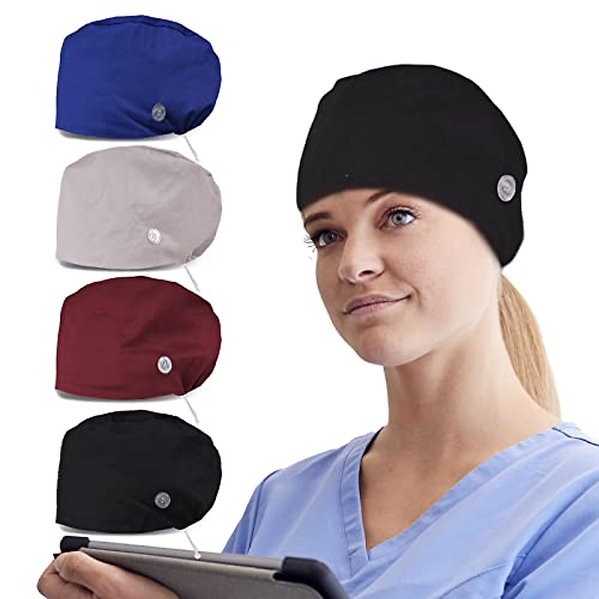 4 Packs Working Caps with Button and Sweatband, Adjustable Bouffant Scrub Caps Women Dental Scrub Hats Nurse Caps Women Men
