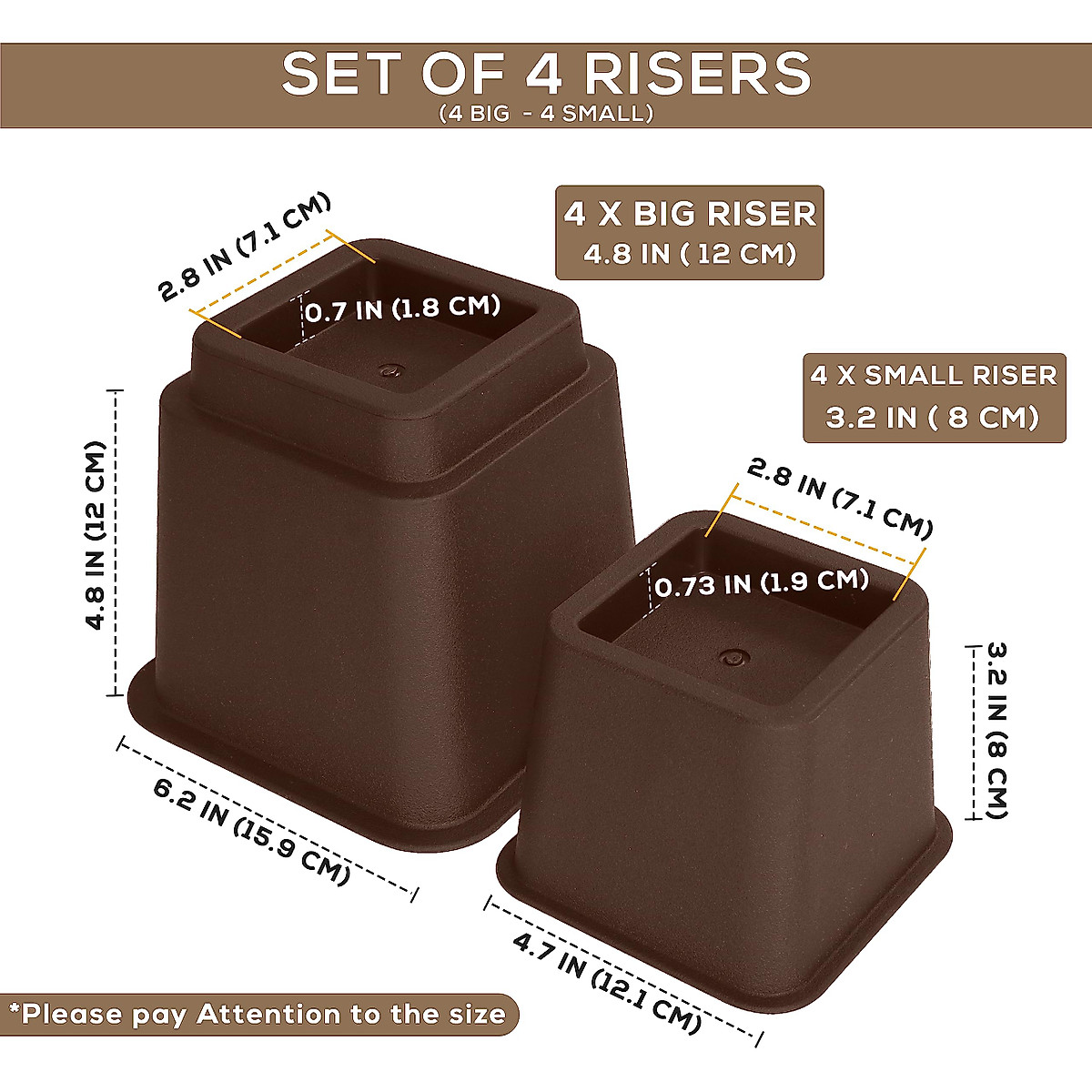 Utopia Bedding Adjustable Bed Furniture Risers - Elevation in Heights 3, 5 or 8 Inch Heavy Duty Risers for Beds and Under Bed Storage - Supports up to 1,300 lbs - (Set of 4 Riser, Brown)