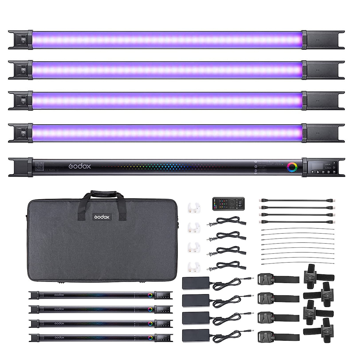 Godox TL60 RGB Tube Light,CRI 96 TLCI 98,Color Temper 2700K~6500K,100% Brightness (LUX),39 FX Effects,2.4G Wireless,Support APP Control/DMX Control (4PCS)
