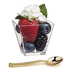 zappy 2 oz 100 Ct Mini Dessert Cups with Gold Spoons Square Mini Dessert Cups Dessert Glasses 2oz Clear Mini Cube Appetizer Bowls Tasting Sample Shot Glasses Disposable Plastic Cups
