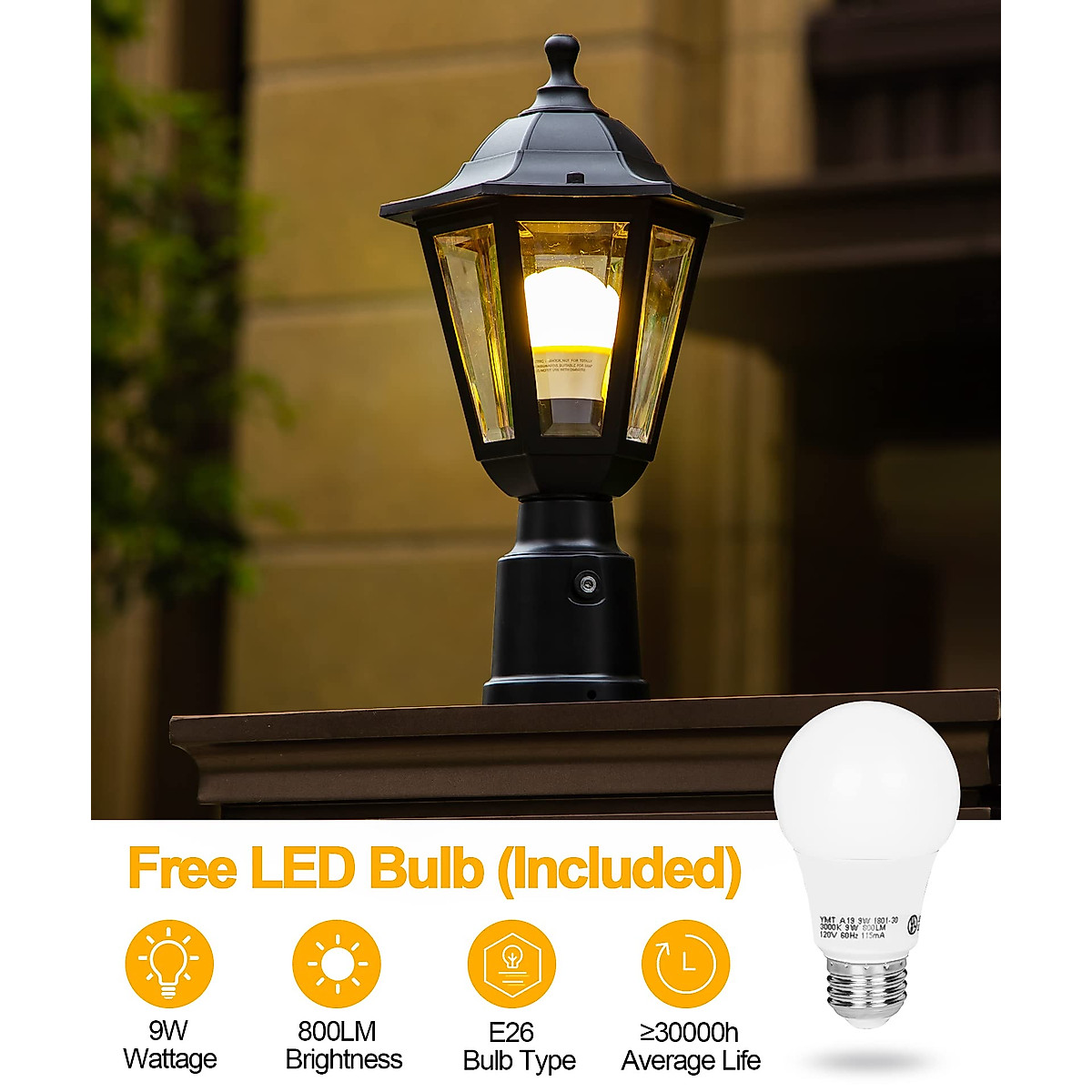 FUDESY Dusk to Dawn Sensor Outdoor Post Light, Waterproof Pole Lantern with Pier Mount Base, Exterior Plastic Lamp Light Fixture, for Garden, Patio, Pathway, FDS6163B1PS, Black, LED Bulb Included