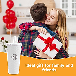 MEFELAY Initial Tumbler with Lid and Straw, 24oz Initial Stainless Steel Insulated Cup, travel coffee mug, Personalized Christmas Birthday Gifts for Women(letter M)