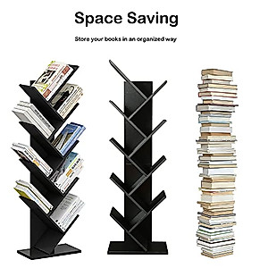 Function Home Tree Bookshelf, 9 Shelf Small Geometric Bookcase, Free Standing Book Shelves, Unique Wood Storage Rack for CDs/Books Utility Organizer Shelves for Living Room, Bedroom, Home Office,Black