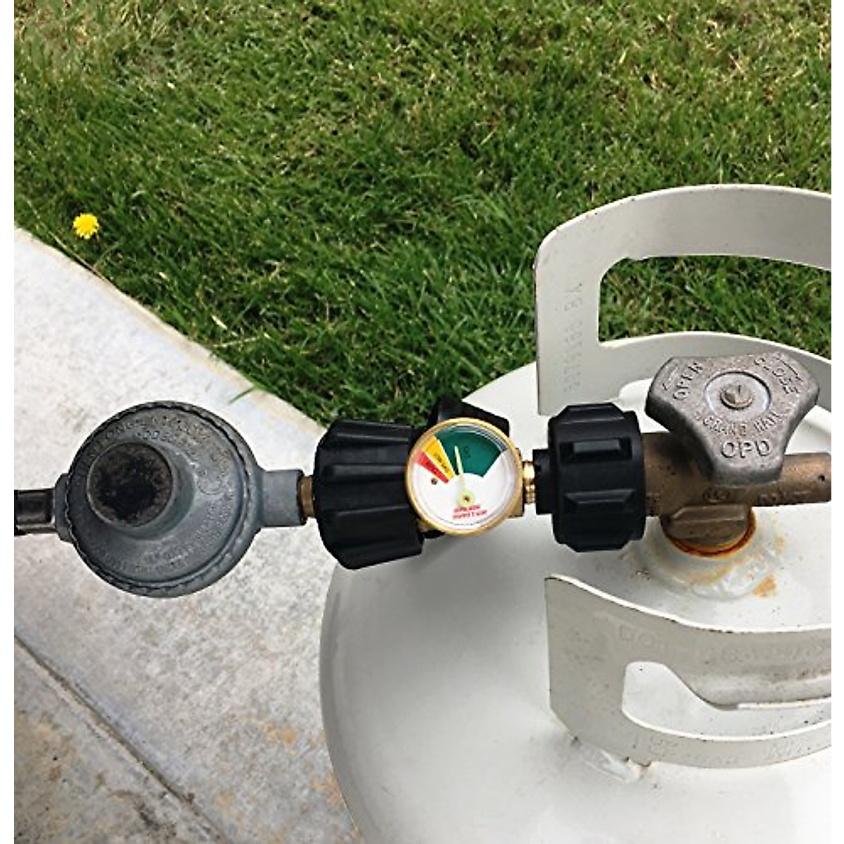 Premium Gauge Master Propane Tank Gauge Gas Meter - Cylinder Gas Level Indicator Adapter - Suitable for All BBQ Grill, RV Camper & Appliances - Type 1 Connection - Includes Cover Cap & Leak Detector