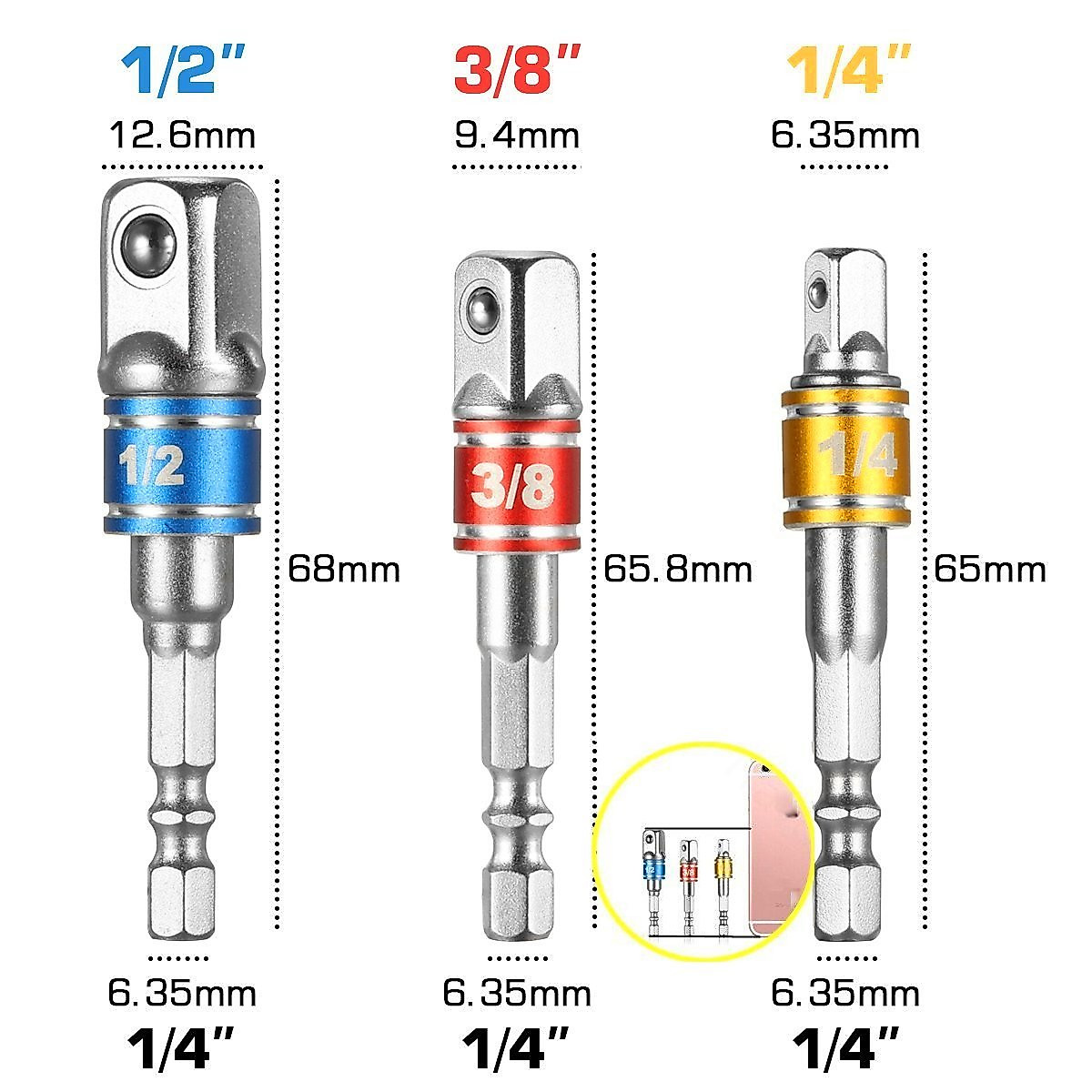 Tools Impact Socket Adapter Set 3pcs Joint Socket 1/4 3/8 1/2 In Hand Power Wrench Ratchet Drill Adapter/Extension Set Turns Power Drill Into High Speed Nut Driver with Right Angle Drill Adaptor