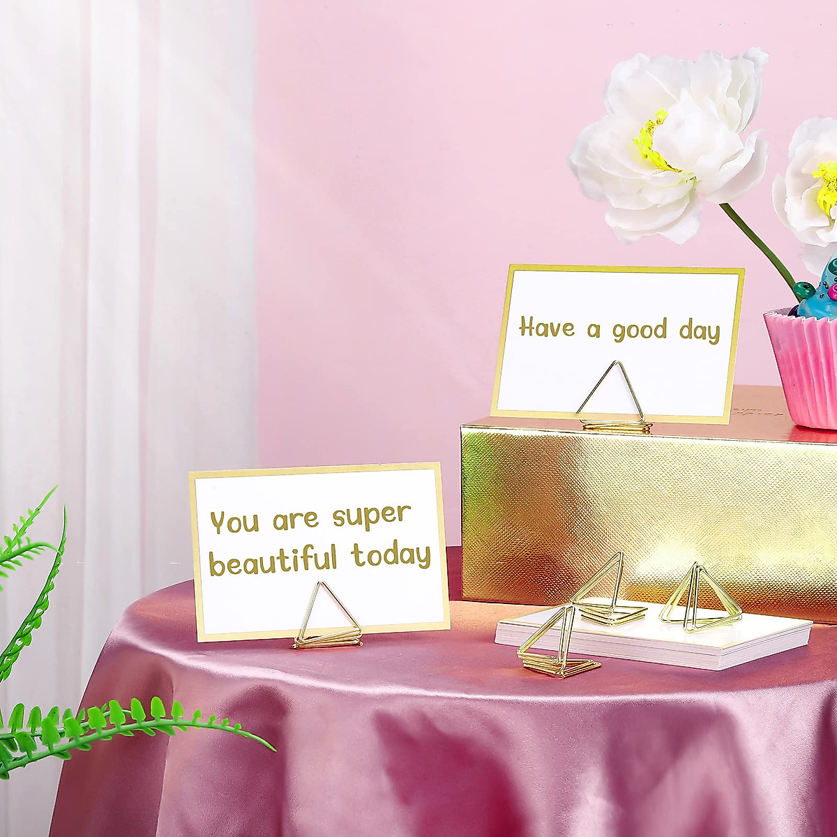 24 Pieces Triangle Shape Table Place Cards Holder Sturdy Place Card Holder with 24 Pieces Beautiful Escort Cards with Foil Border Wedding Name Cards for Table Place Card for Weddings (Gold)