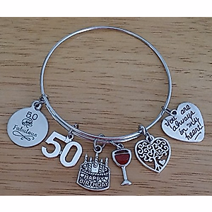 Kit's Kiss 50th Birthday Bracelet, Birthday Gift for Women, 50 and Fabulous Bracelet, Birthday Bangle Bracelet, Birthday Charm, Tree of Life Charm, Birthday Bangle Jewelry (50th Birthday)