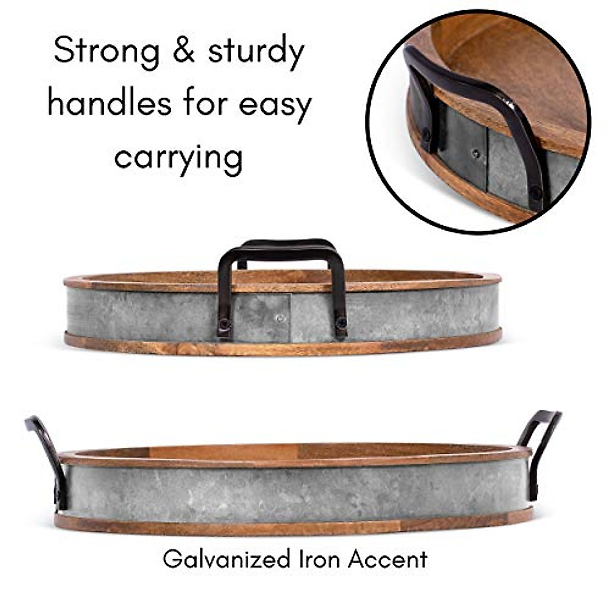 BIRDROCK HOME Wooden Serving Tray with Handles - Iron Accents - Round Barrel Top Breakfast Trays - Tea Cheese Board - Coffee Table Décor - Natural Wood with Iron - Kitchen - Bar - Large