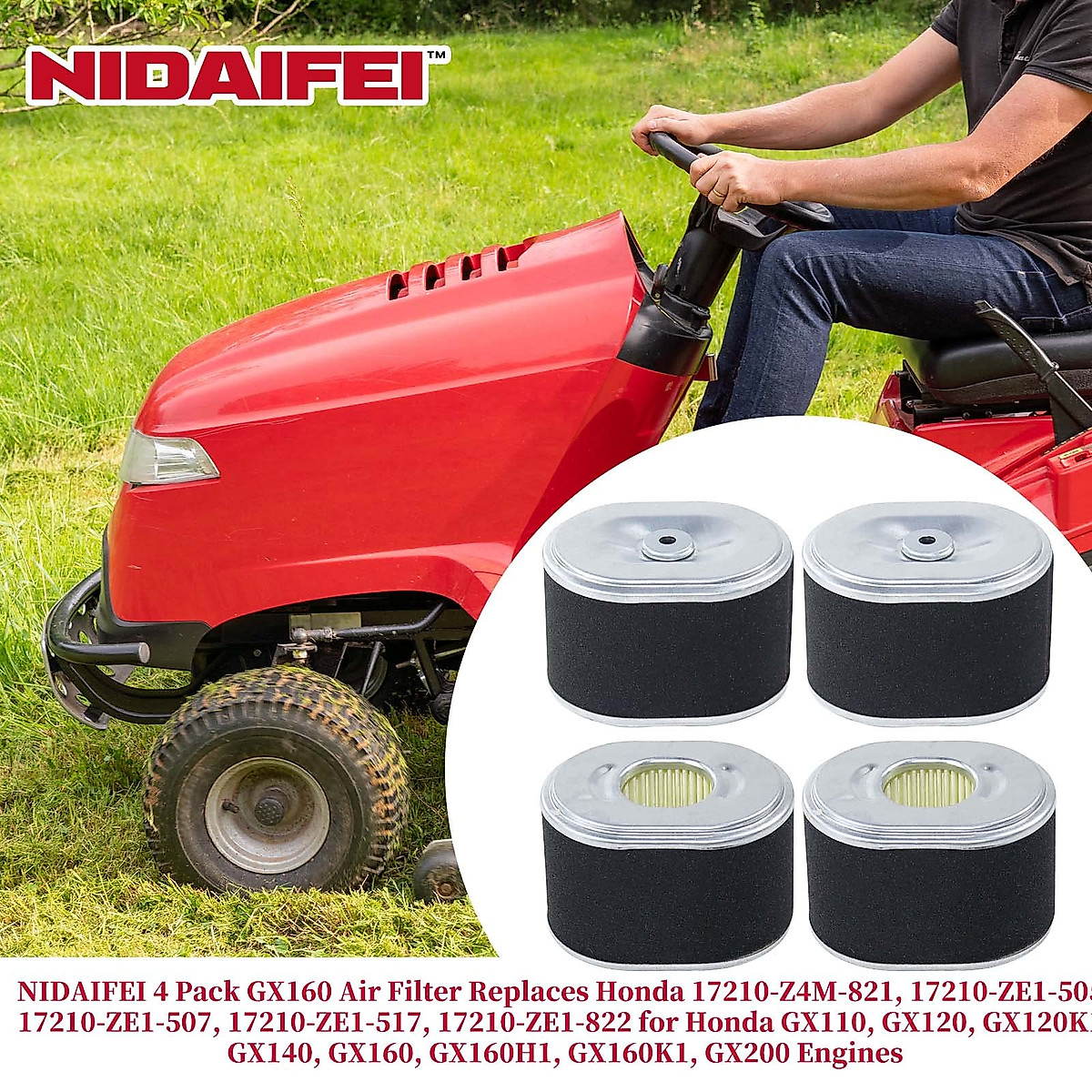 NIDAIFEI 4 Pack GX160 Air Cleaner Element Replaces Honda 17210-ZE1-505, 17210-ZE1-517, 17210-ZE1-822 for Honda GX110, GX120, GX120K1, GX140, GX160, GX160H1, GX200 Engines