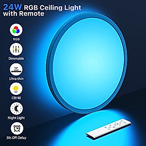 BLNAN RGB LED Flush Mount Ceiling Light, 12Inch 24W Dimmable 3000K-6500K Color Changing Light Fixture with Remote Control, Round Ultra Thin Low Profile Hardwired Lamp for Bedroom Kid Room Party